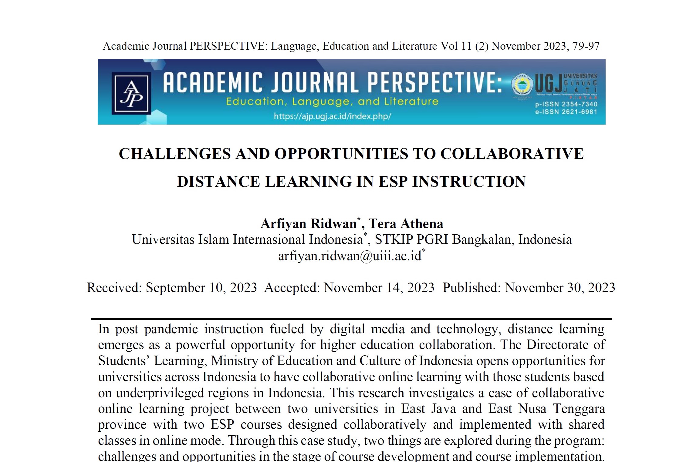 Challenges and Opportunities to Collaborative Distance Learning in ESP Instruction - Faculty of ...