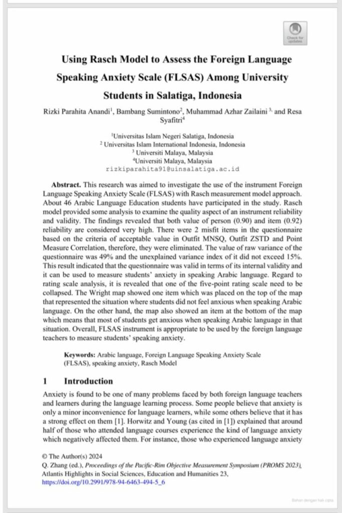 Using Rasch Model to Assess the Foreign Language Speaking Anxiety Scale ...
